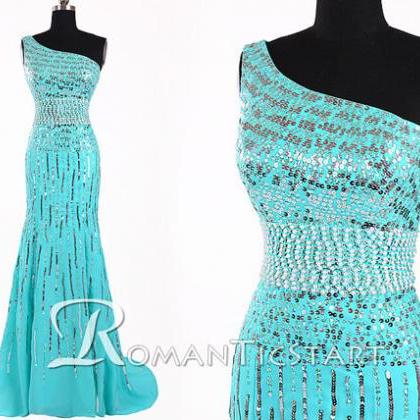 2015 Blue Beading Long Prom Dress Open Back, One-shoulder Prom Dress ...