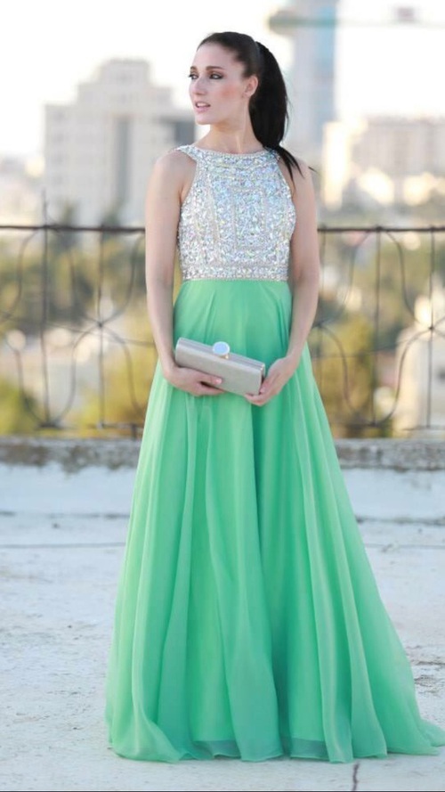 A-line Prom Dress Beading Prom Dress O-neck Prom Dress Chiffon Prom ...