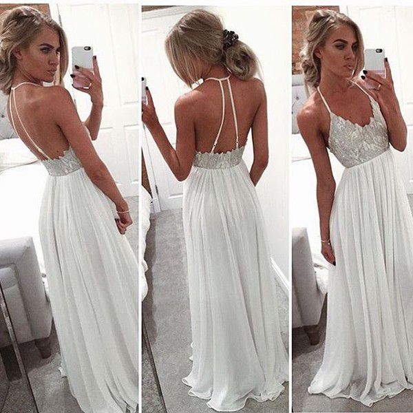 2016 White Long Prom Dress Backless Long Formal Gown Chiffon Evening ...